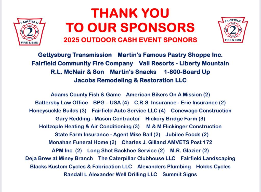 New Sponsors Added for the 2025 Outdoor Cash Event - Fairfield Fire & EMS