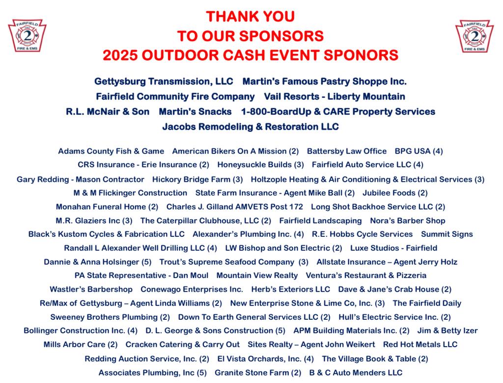 2025 Outdoor Cash Event - Complete List of Sponsors! - Fairfield Fire & EMS